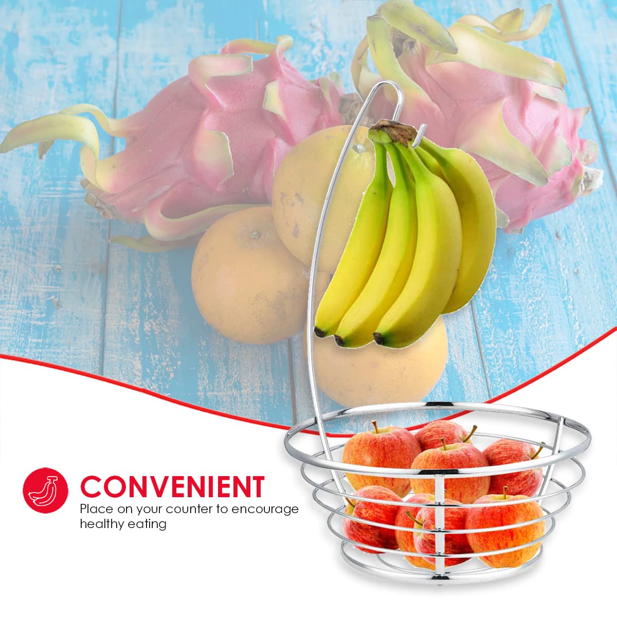 Home Basics Chrome Plated Steel Fruit Tree Basket Bowl with Banana Hanger, Free Standing, Rust Resistant, Silver