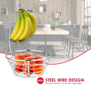 Home Basics Chrome Plated Steel Fruit Tree Basket Bowl with Banana Hanger, Free Standing, Rust Resistant, Silver