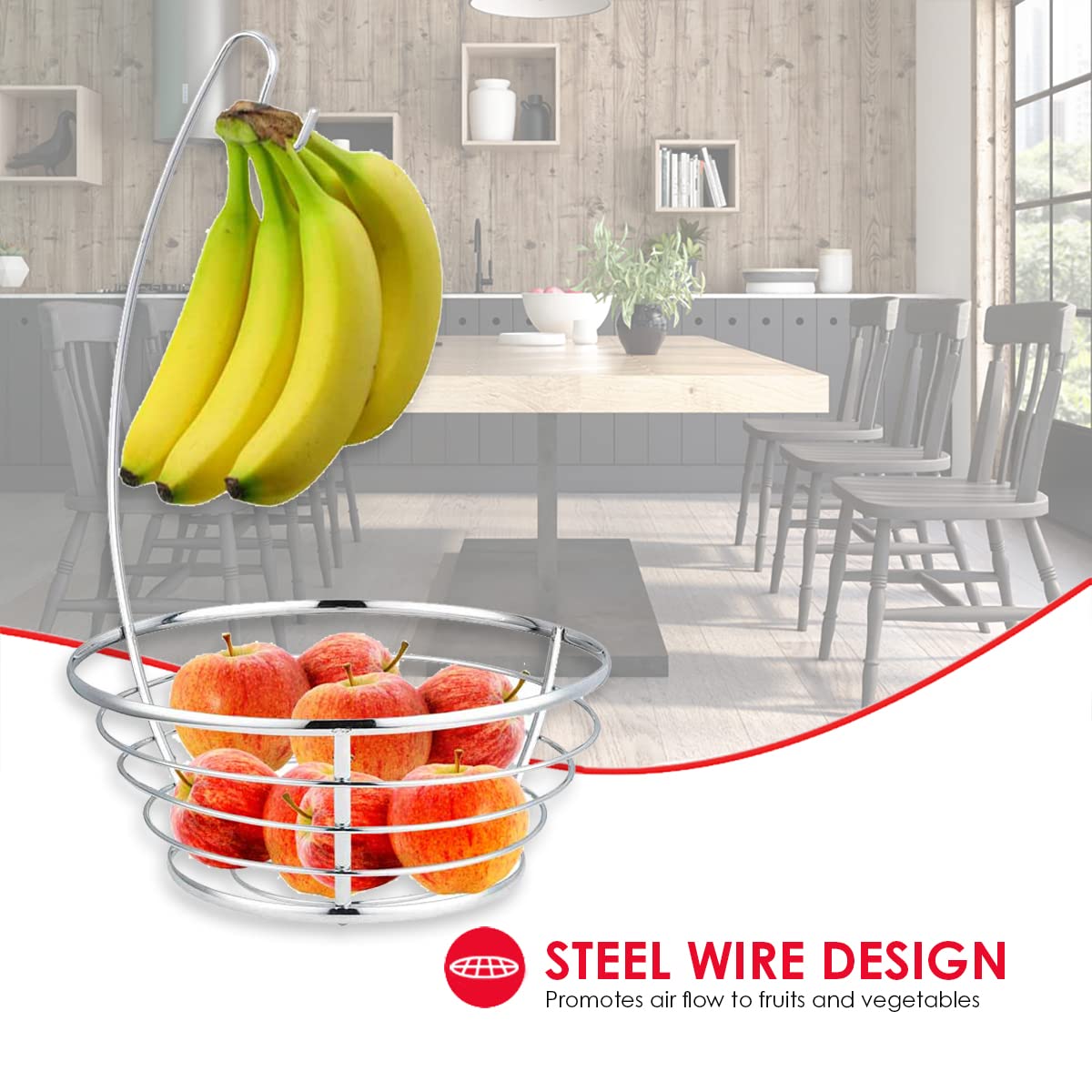 Home Basics Chrome Plated Steel Fruit Tree Basket Bowl with Banana Hanger, Free Standing, Rust Resistant, Silver