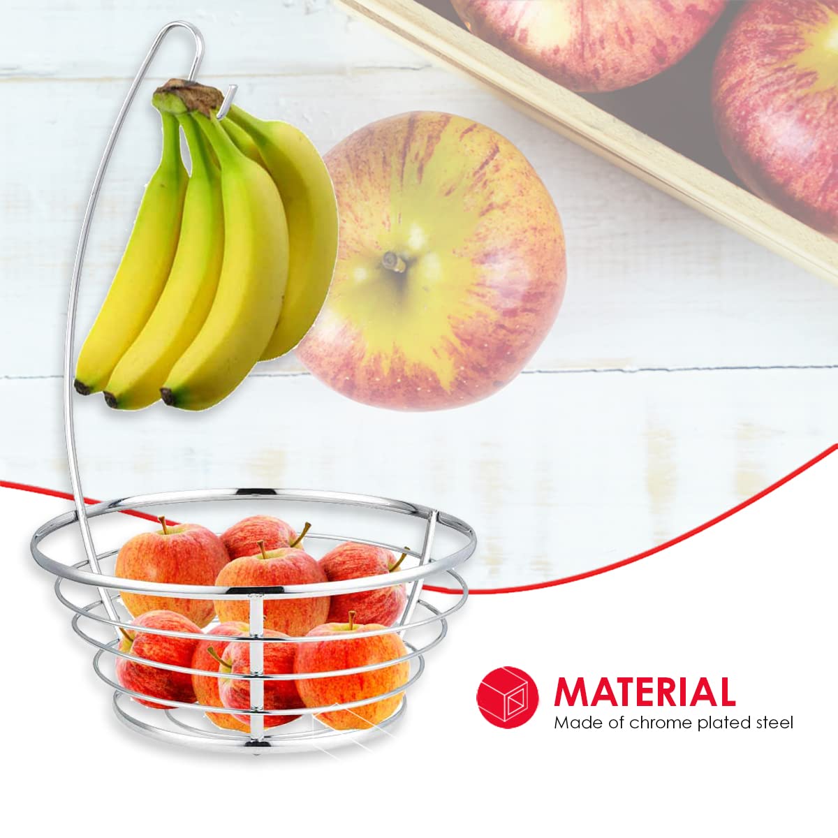 Home Basics Chrome Plated Steel Fruit Tree Basket Bowl with Banana Hanger, Free Standing, Rust Resistant, Silver