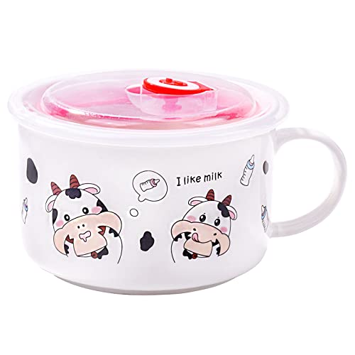 Ceramic Bowl with Lid and Handle,Cute Cows Design,Microwave for Instant Noodle Sara, Cereal Bowl (Black Milk)