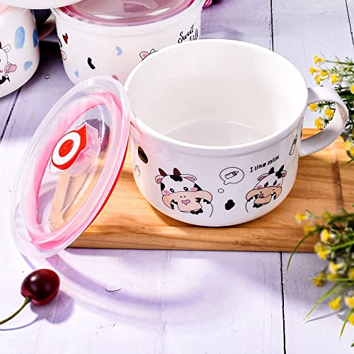 Ceramic Bowl with Lid and Handle,Cute Cows Design,Microwave for Instant Noodle Sara, Cereal Bowl (Black Milk)