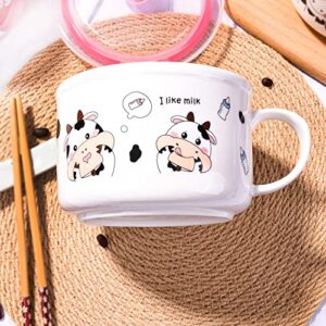 Ceramic Bowl with Lid and Handle,Cute Cows Design,Microwave for Instant Noodle Sara, Cereal Bowl (Black Milk)