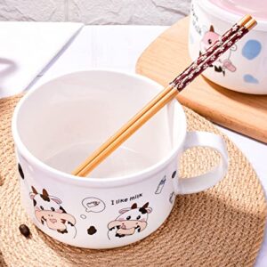 Ceramic Bowl with Lid and Handle,Cute Cows Design,Microwave for Instant Noodle Sara, Cereal Bowl (Black Milk)