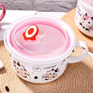 Ceramic Bowl with Lid and Handle,Cute Cows Design,Microwave for Instant Noodle Sara, Cereal Bowl (Black Milk)