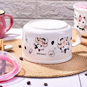 Ceramic Bowl with Lid and Handle,Cute Cows Design,Microwave for Instant Noodle Sara, Cereal Bowl (Black Milk)