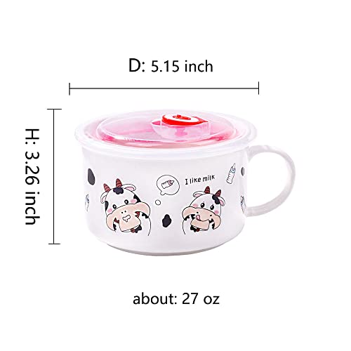 Ceramic Bowl with Lid and Handle,Cute Cows Design,Microwave for Instant Noodle Sara, Cereal Bowl (Black Milk)