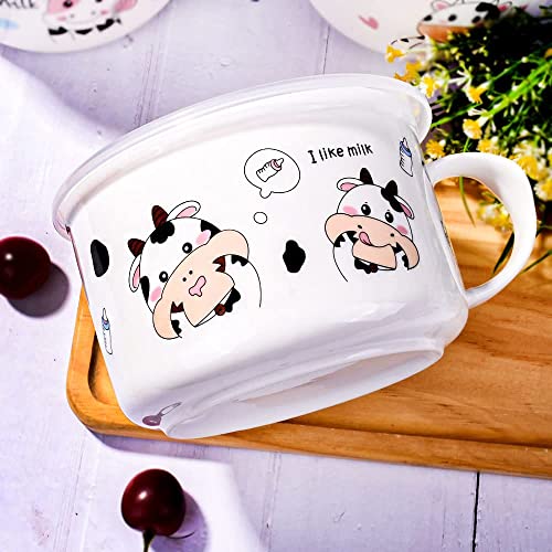 Ceramic Bowl with Lid and Handle,Cute Cows Design,Microwave for Instant Noodle Sara, Cereal Bowl (Black Milk)