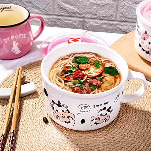 Ceramic Bowl with Lid and Handle,Cute Cows Design,Microwave for Instant Noodle Sara, Cereal Bowl (Black Milk)