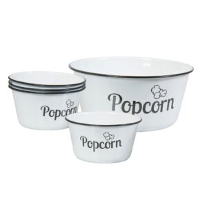 vintage inspired white enamel popcorn bowl set of five, snack serving bowl set