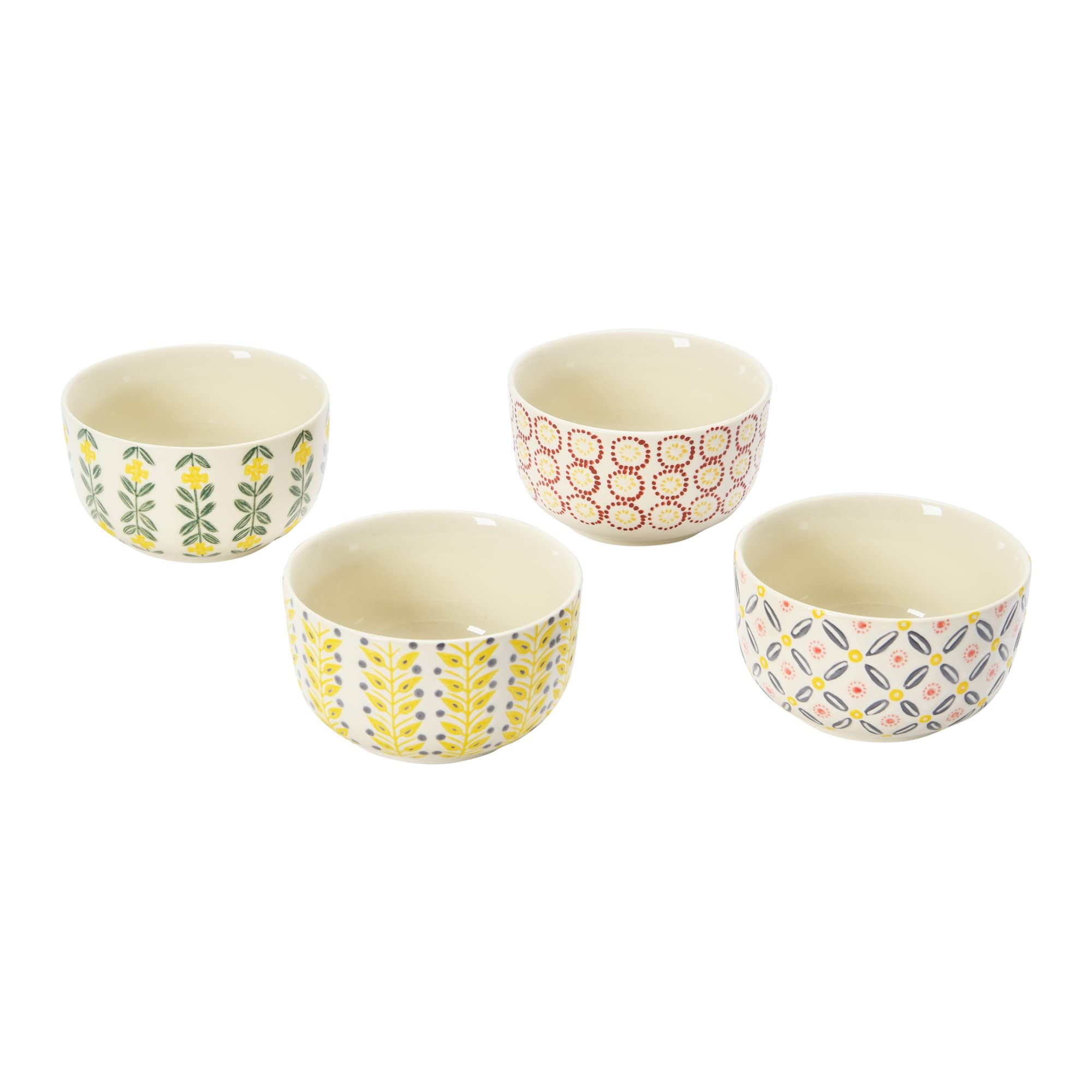 Creative Co-Op Hand-Stamped Stoneware Floral Patterns, Set of 4 Styles Bowl, Multicolored, 4