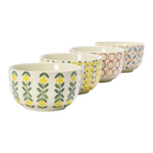 Creative Co-Op Hand-Stamped Stoneware Floral Patterns, Set of 4 Styles Bowl, Multicolored, 4