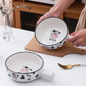 LUOZZY Ceramic Bowl Cartoon Cow Bowls with Single Handle Soup Bowls Salads Bowls Serving Bowl for Kitchen Bowl for Desserts Candy