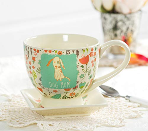 Pavilion Gift Company "A Mother's Love-Dog Mom" Floral Soup Bowl Mug, Teal, 17 oz