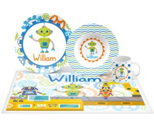 personalized robot plate set, mealtime set, plate, bowl, placemat, mug - choose your pieces