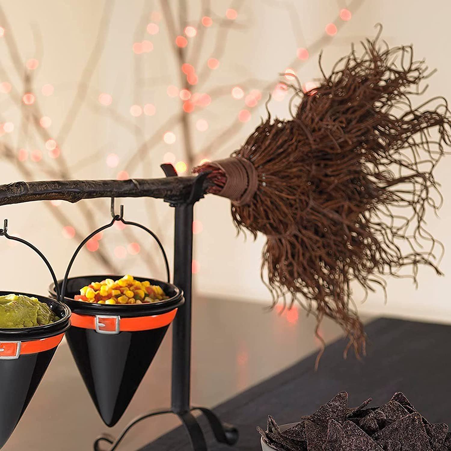 JHLIA Halloween Broomstick Snack Bowl Stand with Removable Basket Organizer, Witch Broom Fruit Baskets Holder Party Bowl, Candy, Dessert Salad, Creative Christmas Decorations Wedding Party Decor (A)