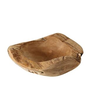 whw whole house worlds chunky teak wood bowl, hand crafted, dish size, 9.75 overall vessel diameter, 7 inch bowl, warm brown, sanded smooth, grainy knotted, decorative