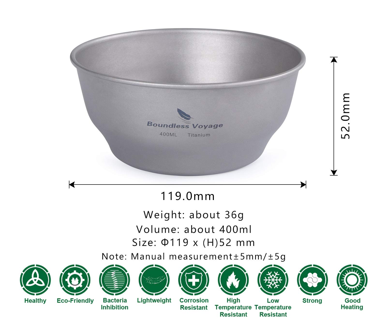 Boundless Voyage 400ml Camping Titanium Single-Walled Bowls Lightweight for Outdoor Hiking Dinnerware A-Ti1105T