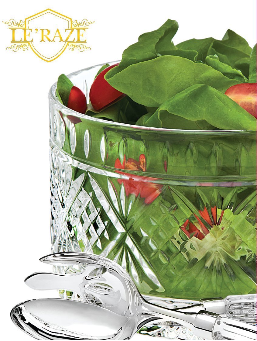 Set of 3 Crystal Clear Salad Bowl Serving Set, Salad Serving Utensils Included Large Serving Dish.