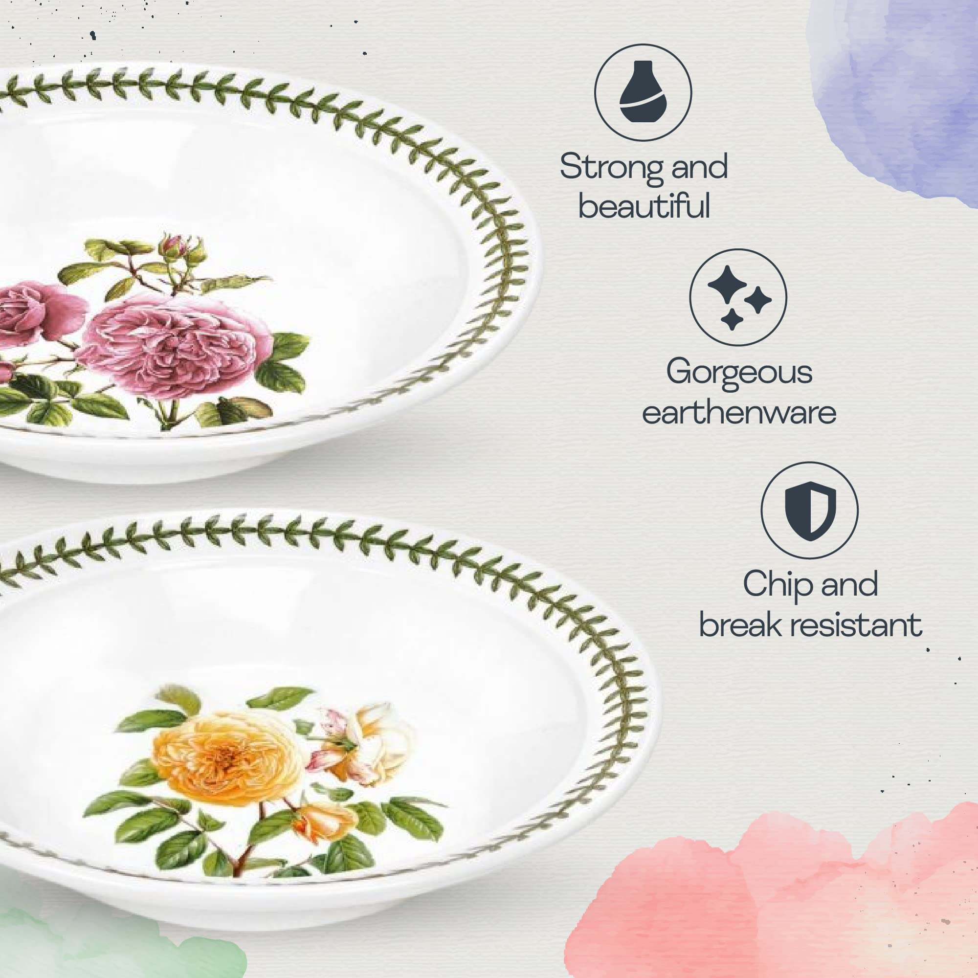 Portmeirion Botanic Roses Soup Bowl with Rim, Assorted Motifs, Set of 4, Round, 8.5 Inch, For Dinner, Pasta, Soups, & Salads, Dishwasher, Microwave, and Oven Safe