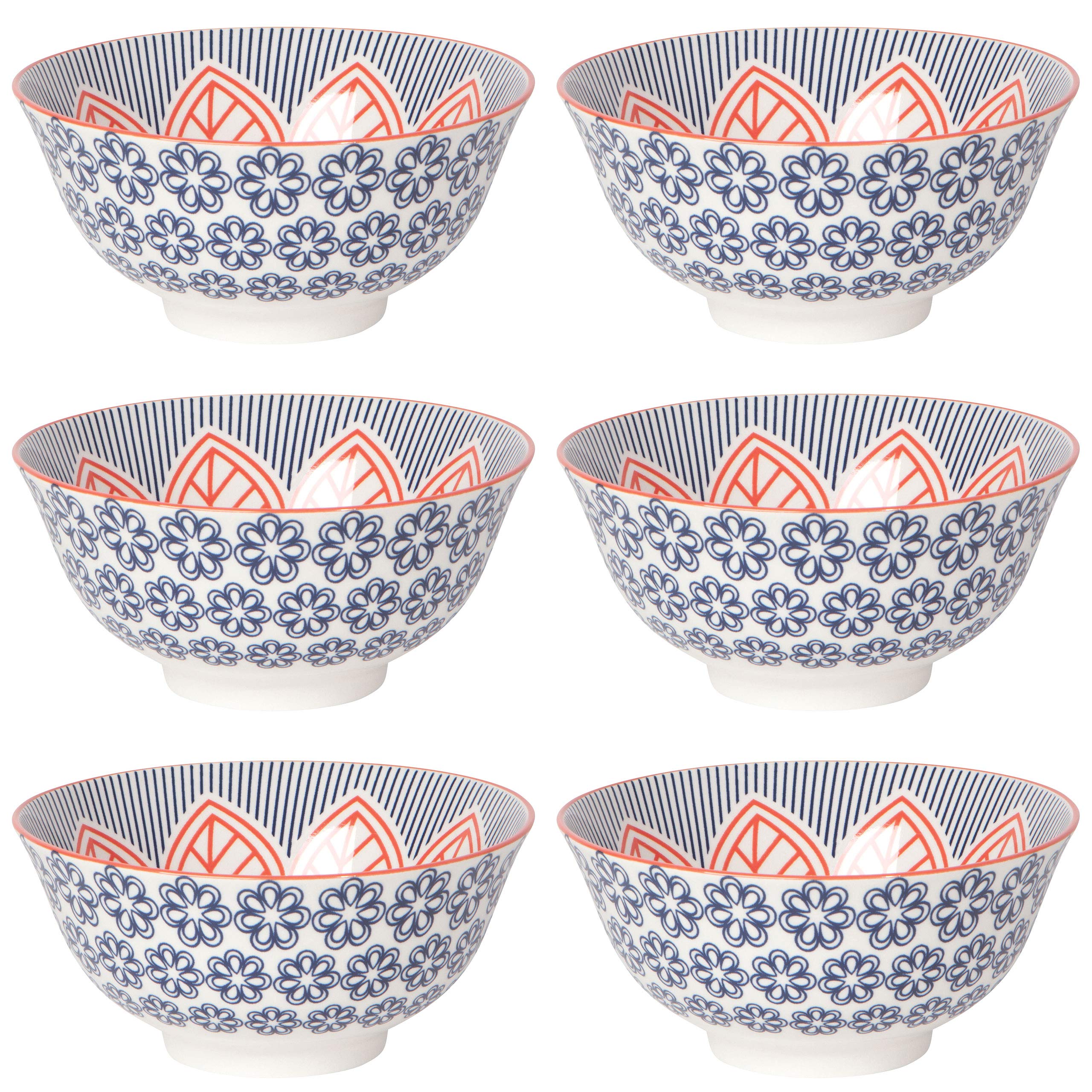 Now Designs 5043017aa Bowls with Metallic Rims Stamped Porcelain, 12 Ounce Capacity, Red Floral Design