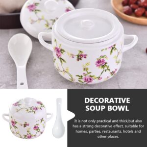 Hemoton Cereal Containers Ceramic Stew Pot with Lid Spoon Food Serving Bowl Kitchen Steaming Bowl Home Stockpot Steam Soup Bowl Steaming Cup for Home Kitchen Cereal Container