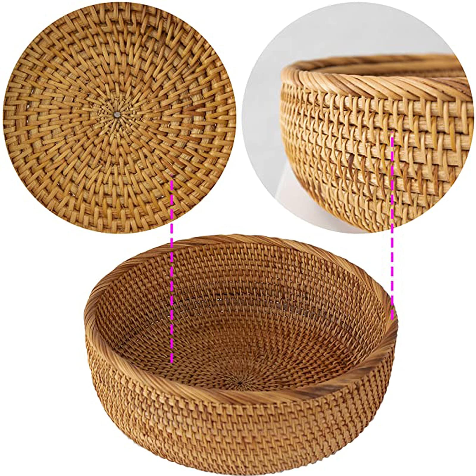 Round Rattan Fruit Basket Bowl - KUNANG Handwoven Storage Serving Baskets, Natural Woven Fruit Basket for Storage Candy, Vegetable, Snack, Bread, Tabletop Decoration Display Tray (L)