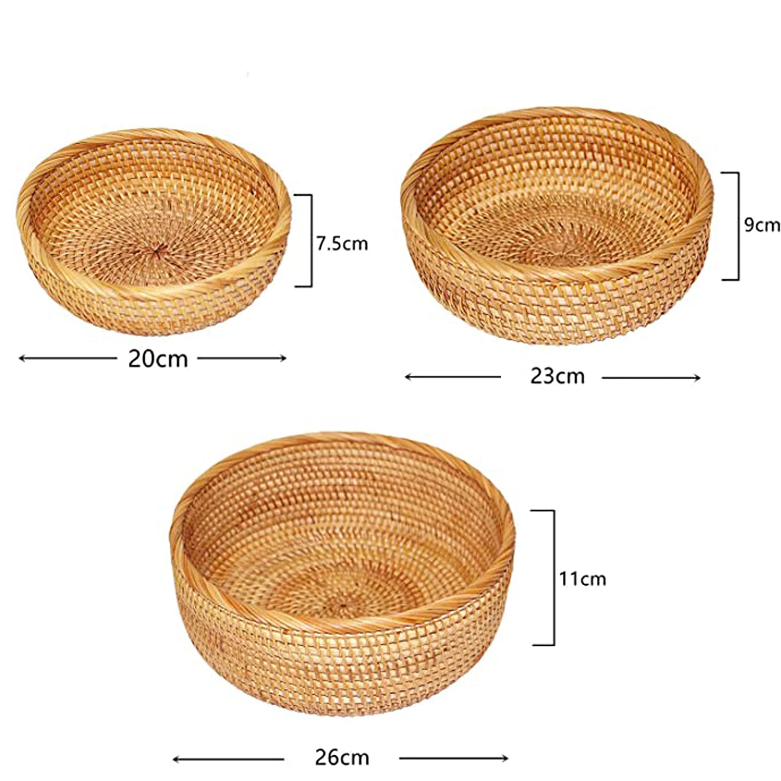 Round Rattan Fruit Basket Bowl - KUNANG Handwoven Storage Serving Baskets, Natural Woven Fruit Basket for Storage Candy, Vegetable, Snack, Bread, Tabletop Decoration Display Tray (L)