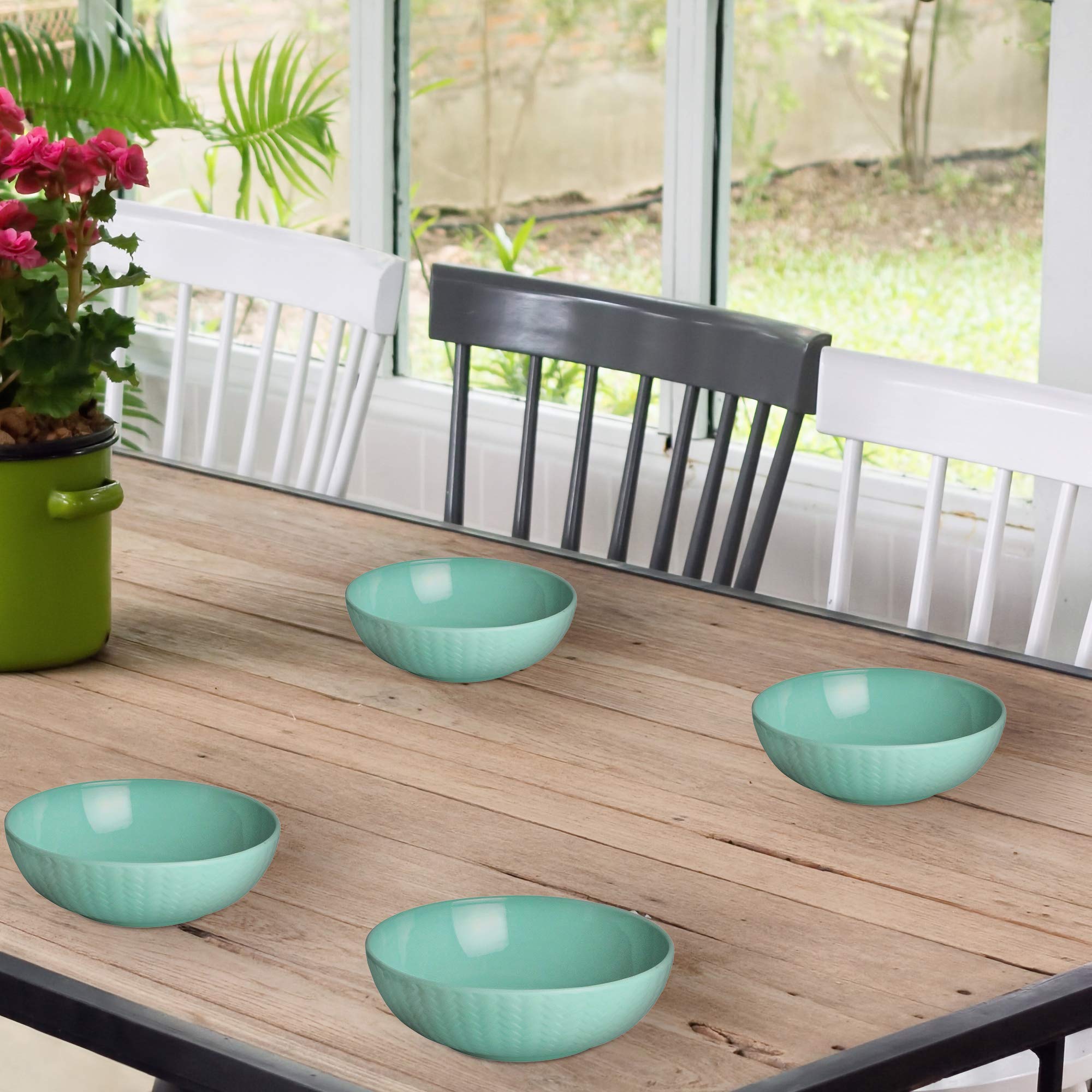 Trina Turk Melamine Set of 4 Bowls-Unbreakable, Lightweight Indoor & Outdoor Dinnerware Set for Home Entertaining, Barbecues, Picnics, Parties & Camping-BPA-Free, Weave Aqua Blue