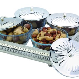 Regent Rigeli VICTORIA White Bronze plated 4 Compartment Party Set Stainless Steel square round with a metal cap 4 Compartment Serving Bowls for Candy, Nuts, Fruit, Veggies, pulses