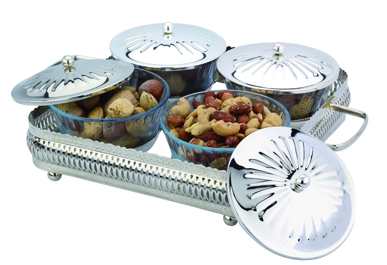 Regent Rigeli VICTORIA White Bronze plated 4 Compartment Party Set Stainless Steel square round with a metal cap 4 Compartment Serving Bowls for Candy, Nuts, Fruit, Veggies, pulses