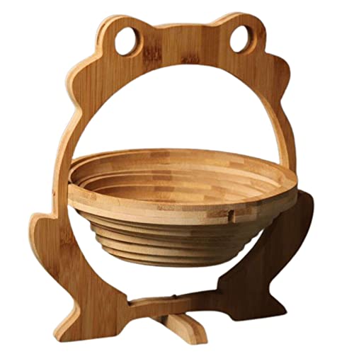 ROWGEE 11x 11.8 Inches Collapsible Bamboo Fruit Basket,Foldable Dried Fruit Basket,Wooden Snack Basket,Creative Fruit Bowl Holder For Kitchen Table-frog