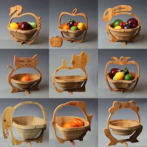 ROWGEE 11x 11.8 Inches Collapsible Bamboo Fruit Basket,Foldable Dried Fruit Basket,Wooden Snack Basket,Creative Fruit Bowl Holder For Kitchen Table-frog