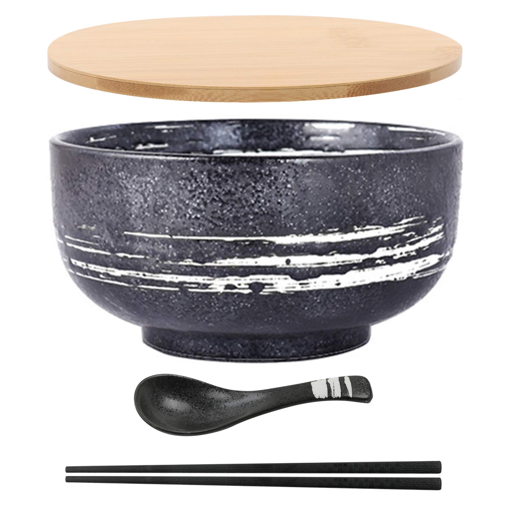 Yeking Japanese Ramen Bowls with Lid Spoon,Ceramic Ramen Bowl Hand Drawn Rice Bowl Retro Tableware Noodle Bowl 6.5 inch,A-Black-White