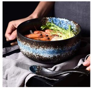 Yeking Japanese Ramen Bowls with Lid Spoon,Ceramic Ramen Bowl Hand Drawn Rice Bowl Retro Tableware Noodle Bowl 6.5 inch,A-Black-White