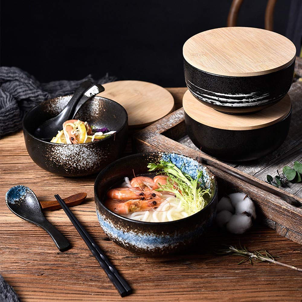 Yeking Japanese Ramen Bowls with Lid Spoon,Ceramic Ramen Bowl Hand Drawn Rice Bowl Retro Tableware Noodle Bowl 6.5 inch,A-Black-White