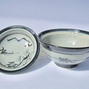 Japanese 6.1 Inches Diameter Porcelain Mashiko Sansui Donburi Ramen Noodle Soup Rice Bowl with Lid Grey M51914