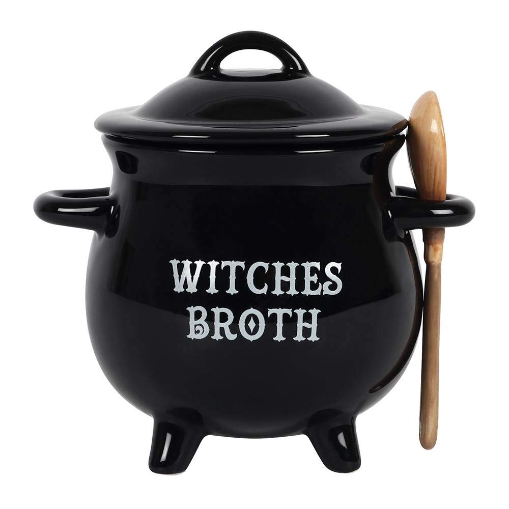 Ebros Ceramic Wicca Hocus Pocus Witch Black Cauldron Magical Witches Broth Dipping Or Condiment Bowl Or As Large Mug 18oz With Broom Spoon Serveware Set Halloween Party Hosting Accent