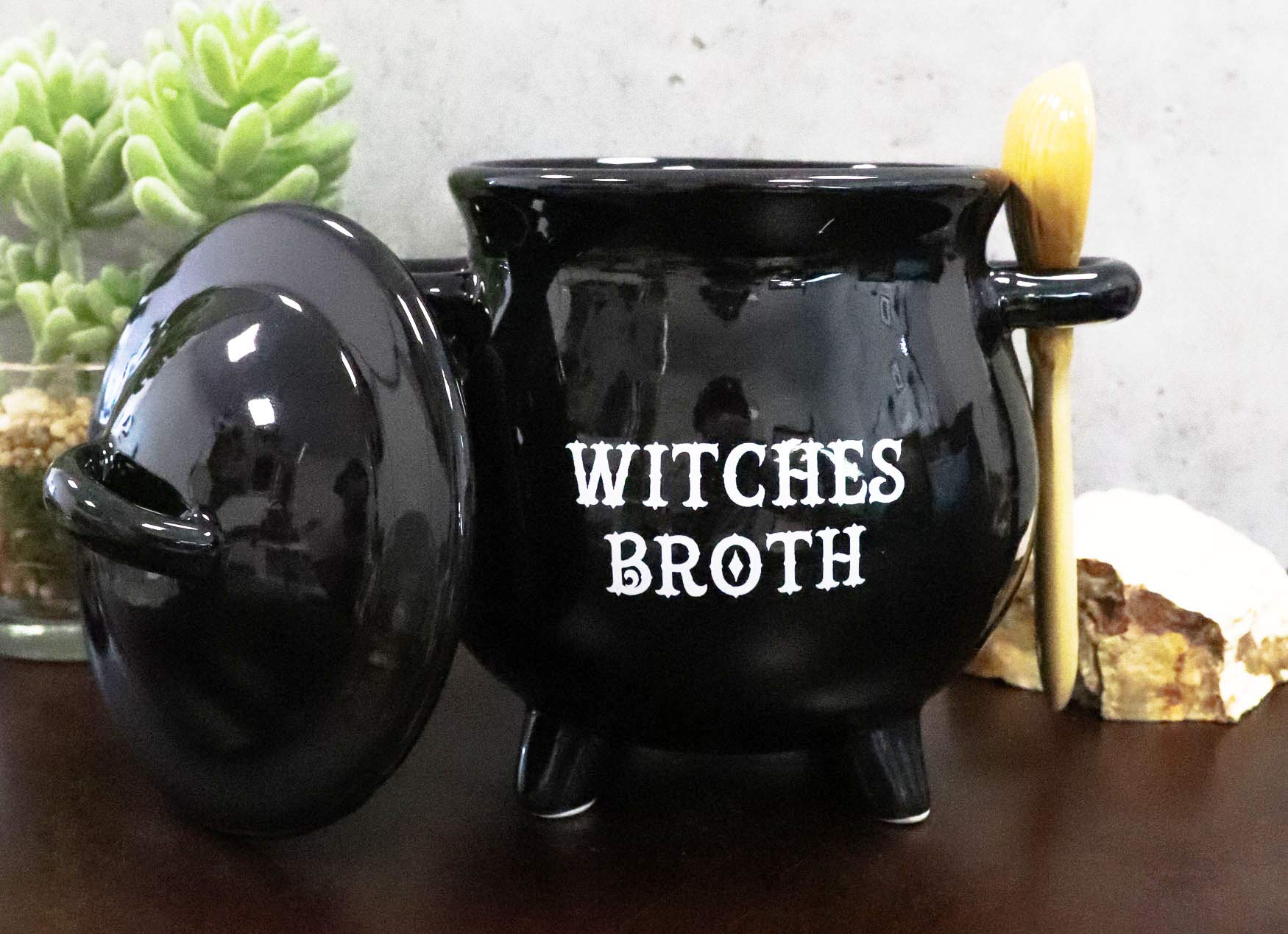 Ebros Ceramic Wicca Hocus Pocus Witch Black Cauldron Magical Witches Broth Dipping Or Condiment Bowl Or As Large Mug 18oz With Broom Spoon Serveware Set Halloween Party Hosting Accent