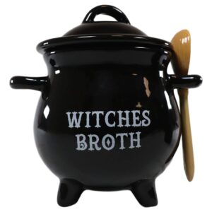 Ebros Ceramic Wicca Hocus Pocus Witch Black Cauldron Magical Witches Broth Dipping Or Condiment Bowl Or As Large Mug 18oz With Broom Spoon Serveware Set Halloween Party Hosting Accent