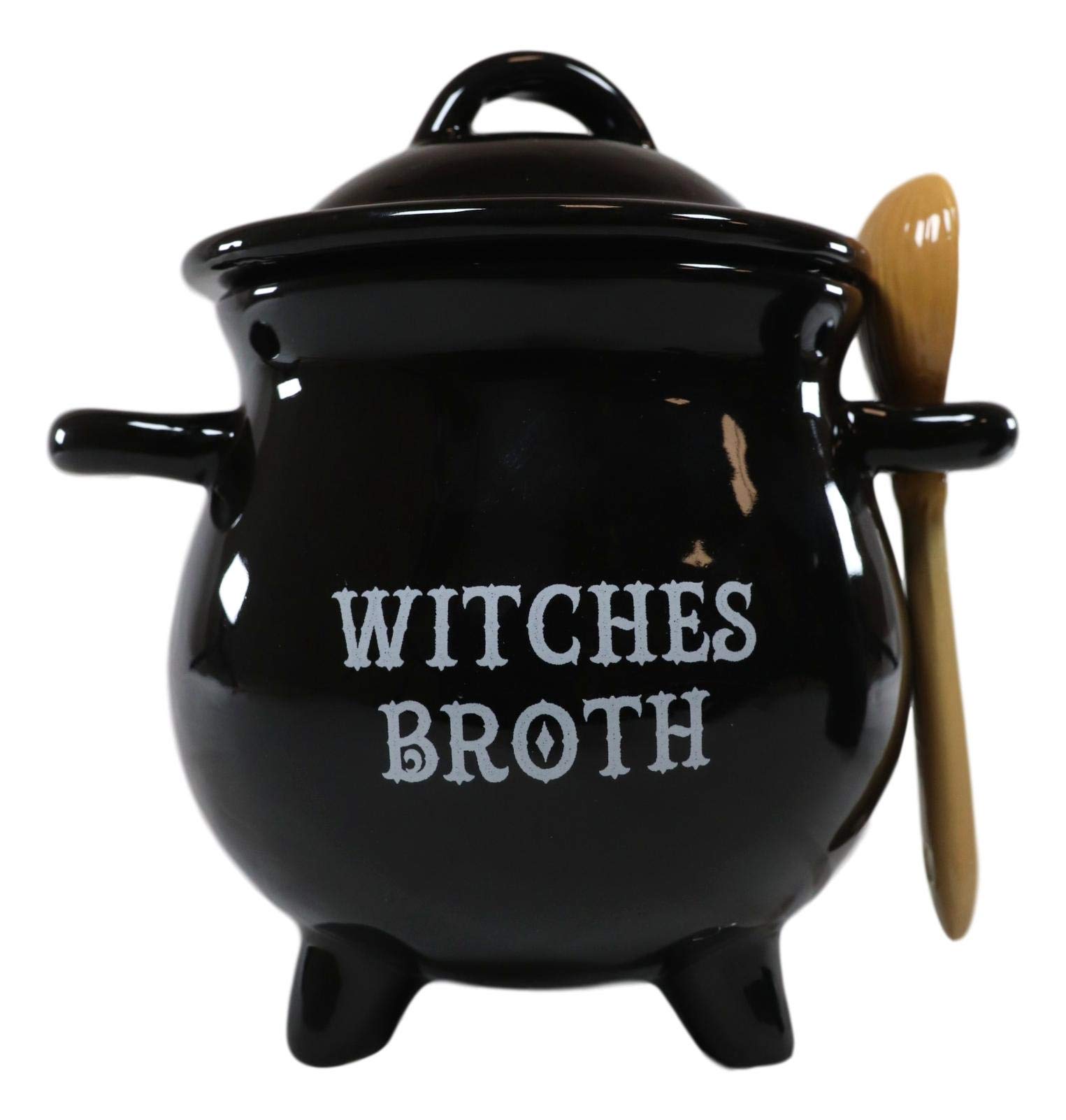 Ebros Ceramic Wicca Hocus Pocus Witch Black Cauldron Magical Witches Broth Dipping Or Condiment Bowl Or As Large Mug 18oz With Broom Spoon Serveware Set Halloween Party Hosting Accent