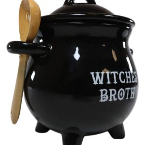 Ebros Ceramic Wicca Hocus Pocus Witch Black Cauldron Magical Witches Broth Dipping Or Condiment Bowl Or As Large Mug 18oz With Broom Spoon Serveware Set Halloween Party Hosting Accent