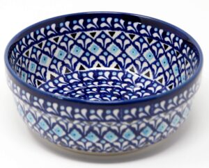 polish pottery bowl 6 inch from zaklady ceramiczne boleslawiec blue diamond dream pattern, height: 2.5" diameter: 6" capacity: 24 oz.