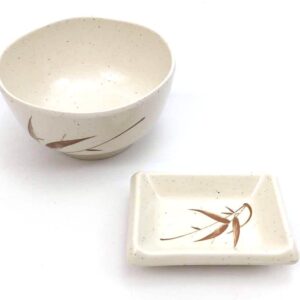 JapanBargain 2403, Set of 2 Japanese Style Soup Bowl Miso Soup Bowl Rice Bowl Snack Bowl Dessert Bowl Appetizer Bowl Salad Bowl, Beige Reed, 10 oz