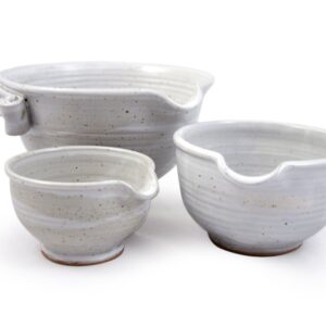 Modern Artisans American Made Stoneware Pottery Batter Bowls, 3-Piece Nesting Set, Classic All-White Glaze