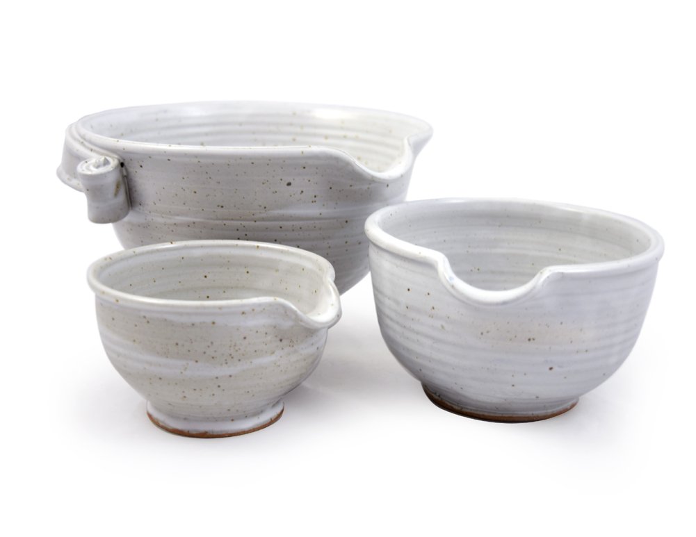 Modern Artisans American Made Stoneware Pottery Batter Bowls, 3-Piece Nesting Set, Classic All-White Glaze