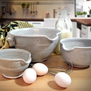 Modern Artisans American Made Stoneware Pottery Batter Bowls, 3-Piece Nesting Set, Classic All-White Glaze