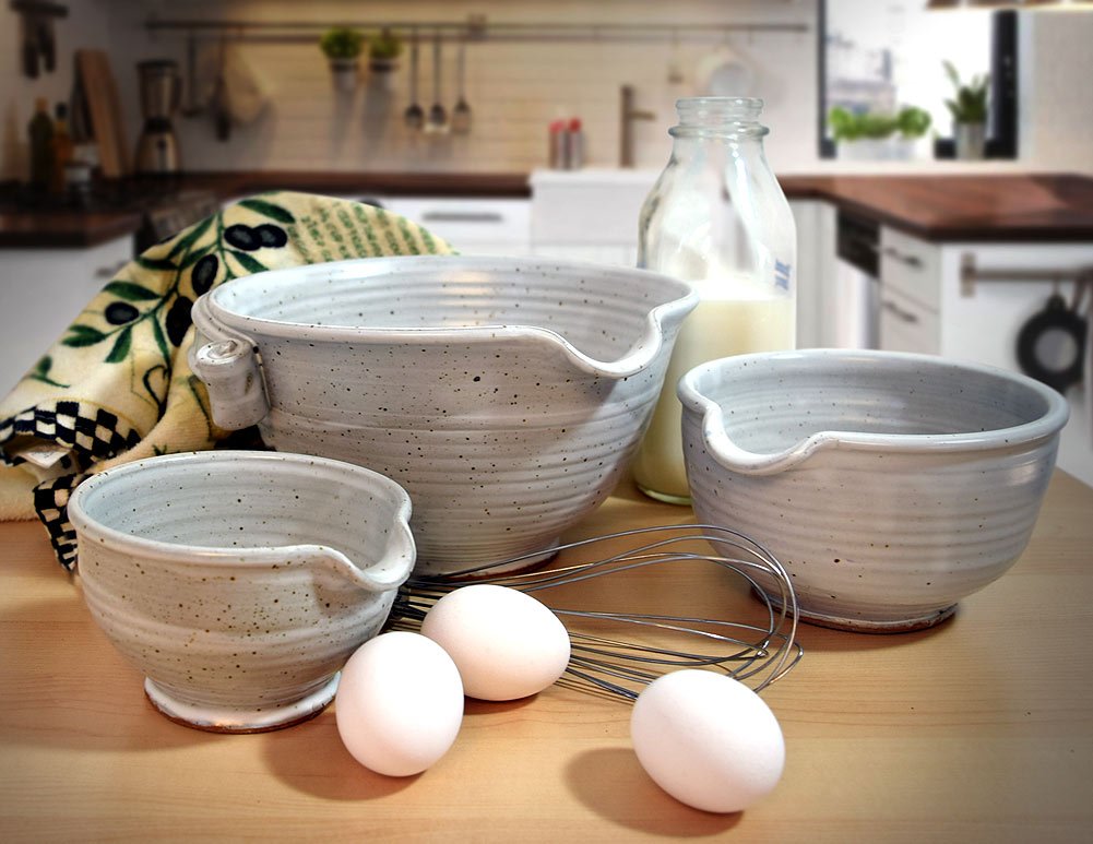 Modern Artisans American Made Stoneware Pottery Batter Bowls, 3-Piece Nesting Set, Classic All-White Glaze