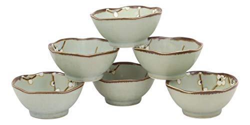 Ebros Gift Made In Japan 3.75" Diameter Light Blue Plum Set of 6 Irregular Flared Bowls With Sakura Cherry Blossoms Design 7 oz Ice Cream Miso Soup Salad Rice Bowl Kitchen Dining Restaurant Supply