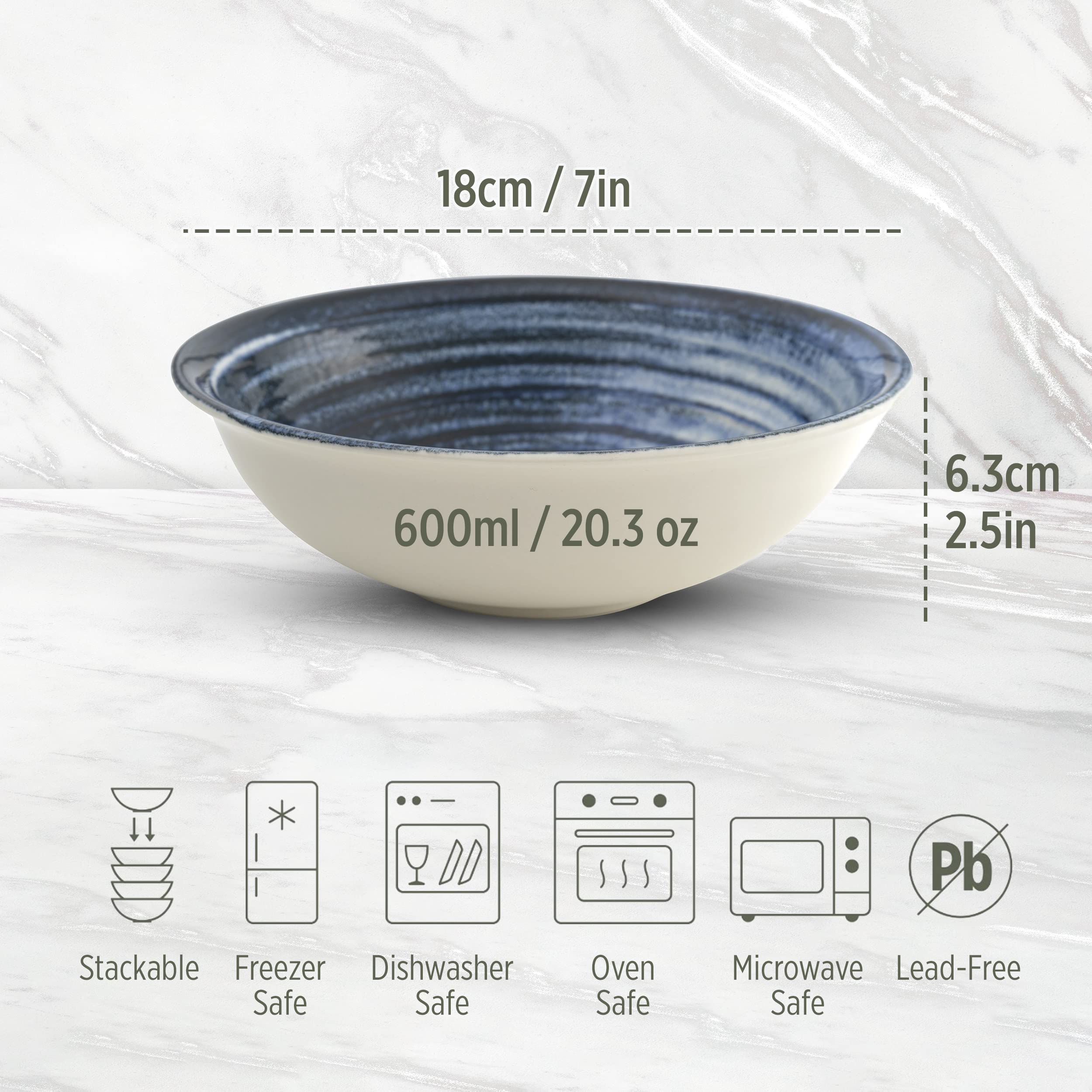 Bascuda® Porcelain Cereal Bowl | Porcelain Bowls Set of 4 | Soup| Cereal | Dessert | Rice | Salad |Side Dish | Snack | Nuts | Blue Bowls Microwave and Dishwasher Safe | 7 Inches (20.3 Oz)